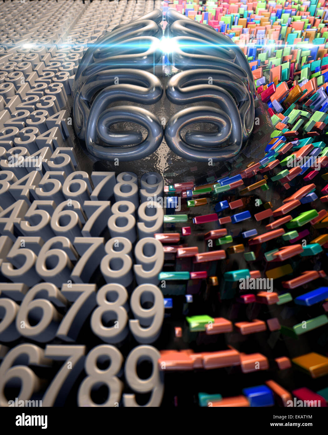 A stylized metal casting depicting a brain with the left side depicting ...