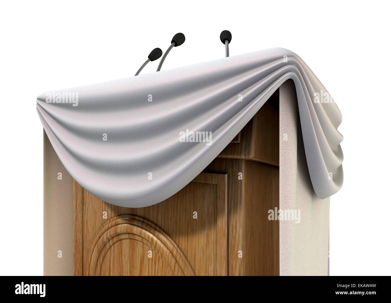 A wooden speech podium with three small microphones attached and ...