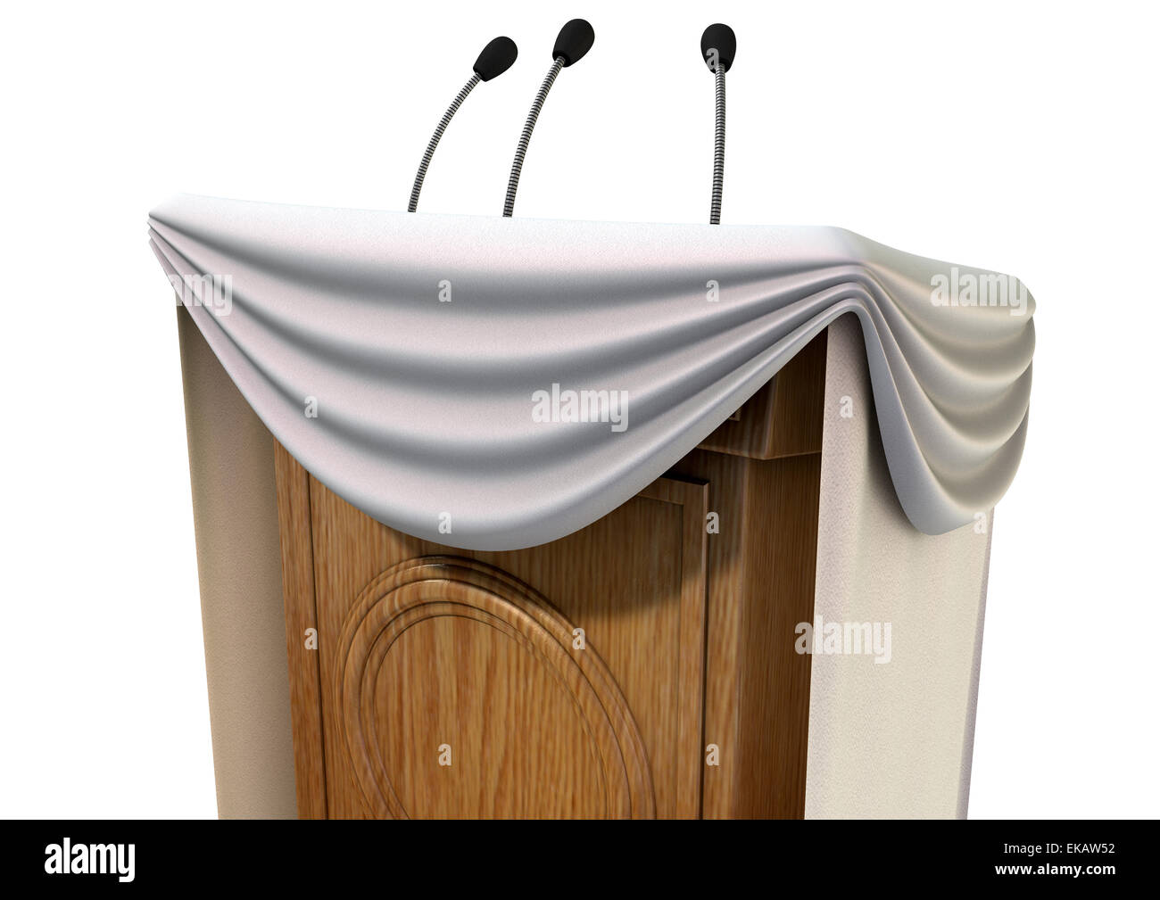 A wooden speech podium with three small microphones attached and ...
