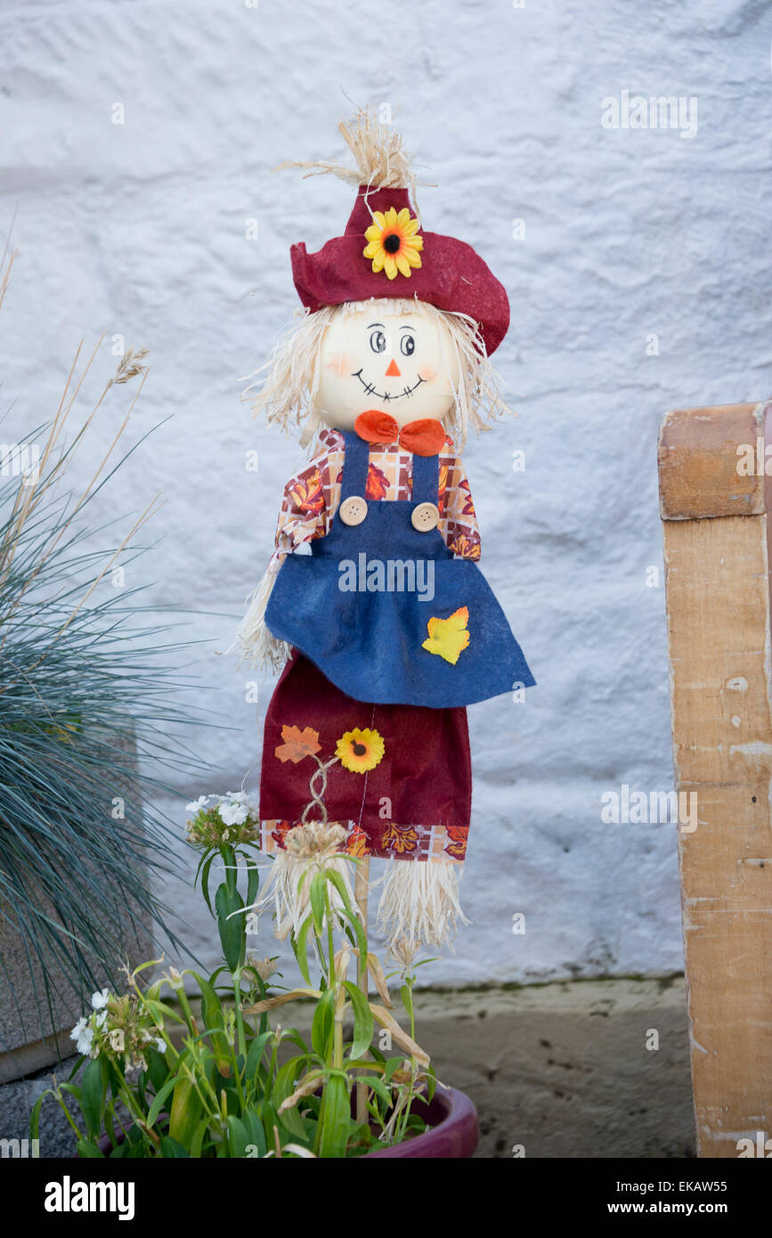 Scarecrow at scarecrow festival. Brightly dressed scarecrow in a flower ...