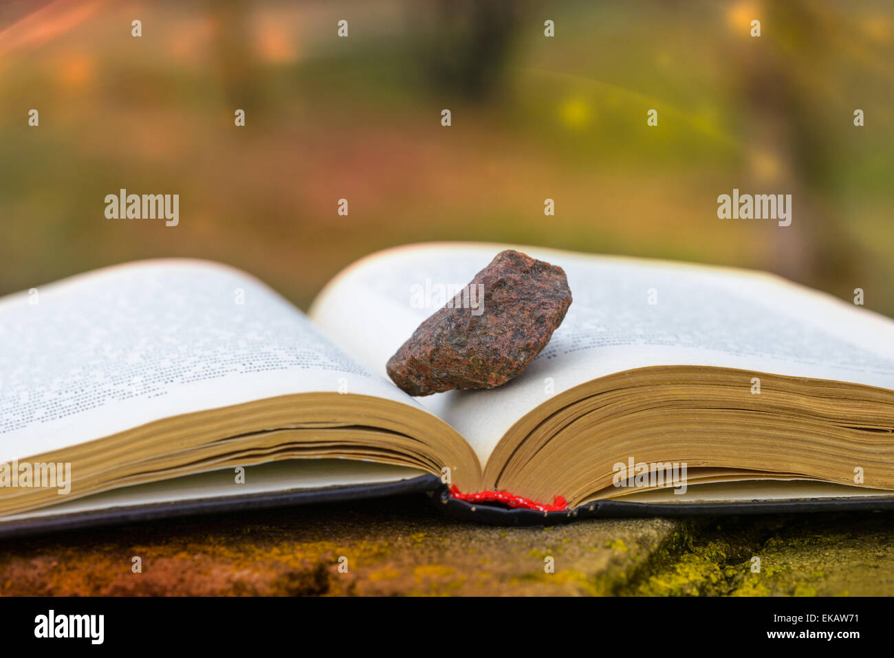 Stone on an open book put on a wall. The sun rays warm the soft ...