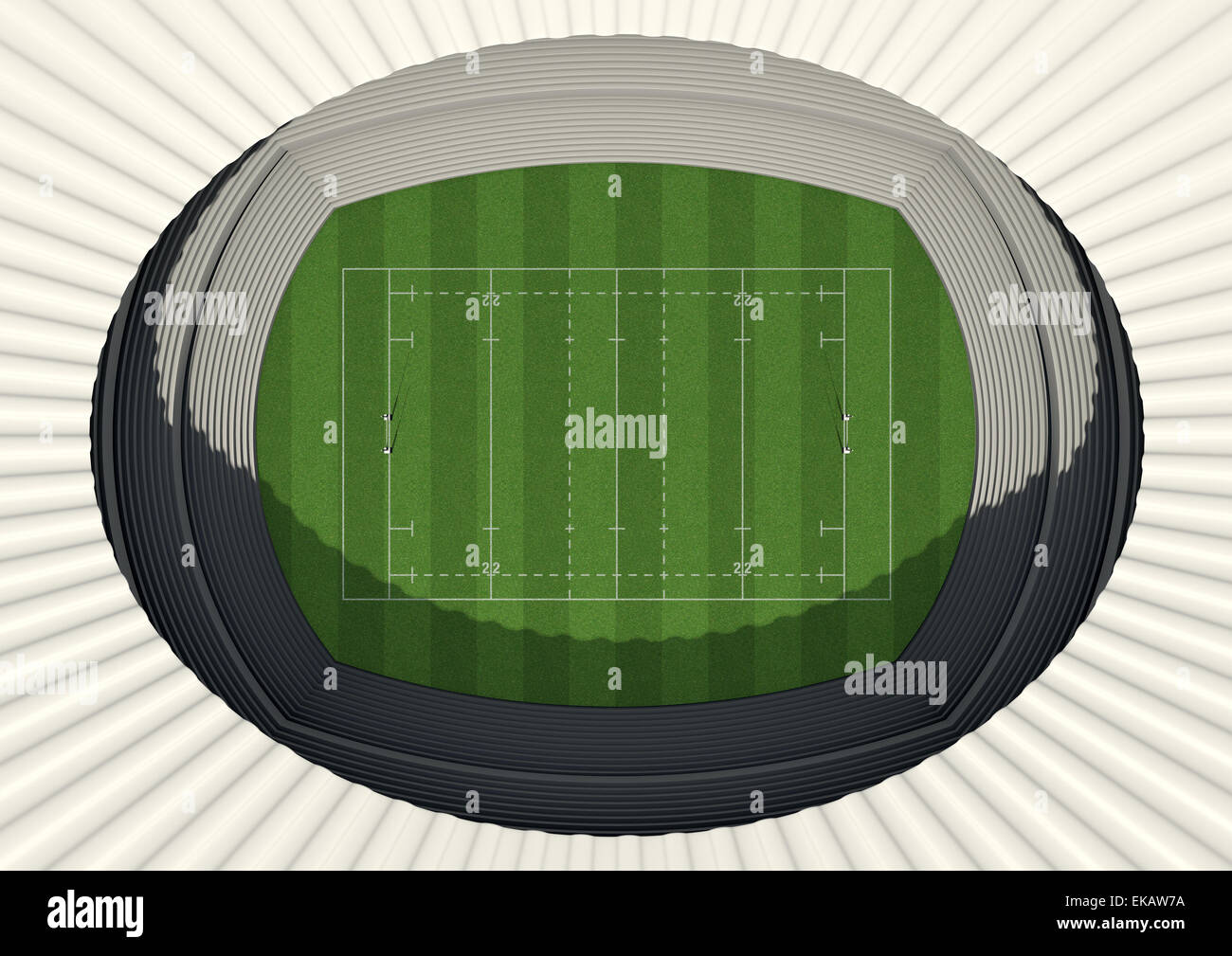 A rugby stadium with rugby posts on a marked green grass pitch in the ...