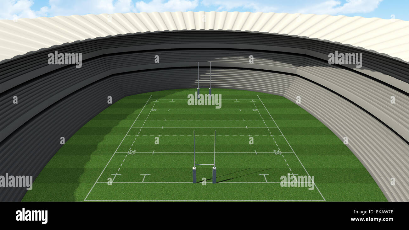 A rugby stadium with rugby posts on a marked green grass pitch in the ...