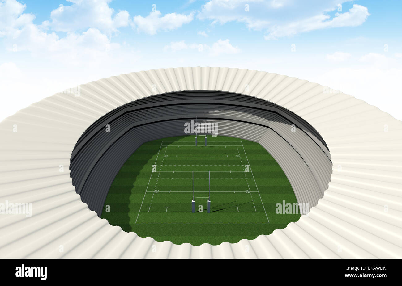 A rugby stadium with rugby posts on a marked green grass pitch in the ...