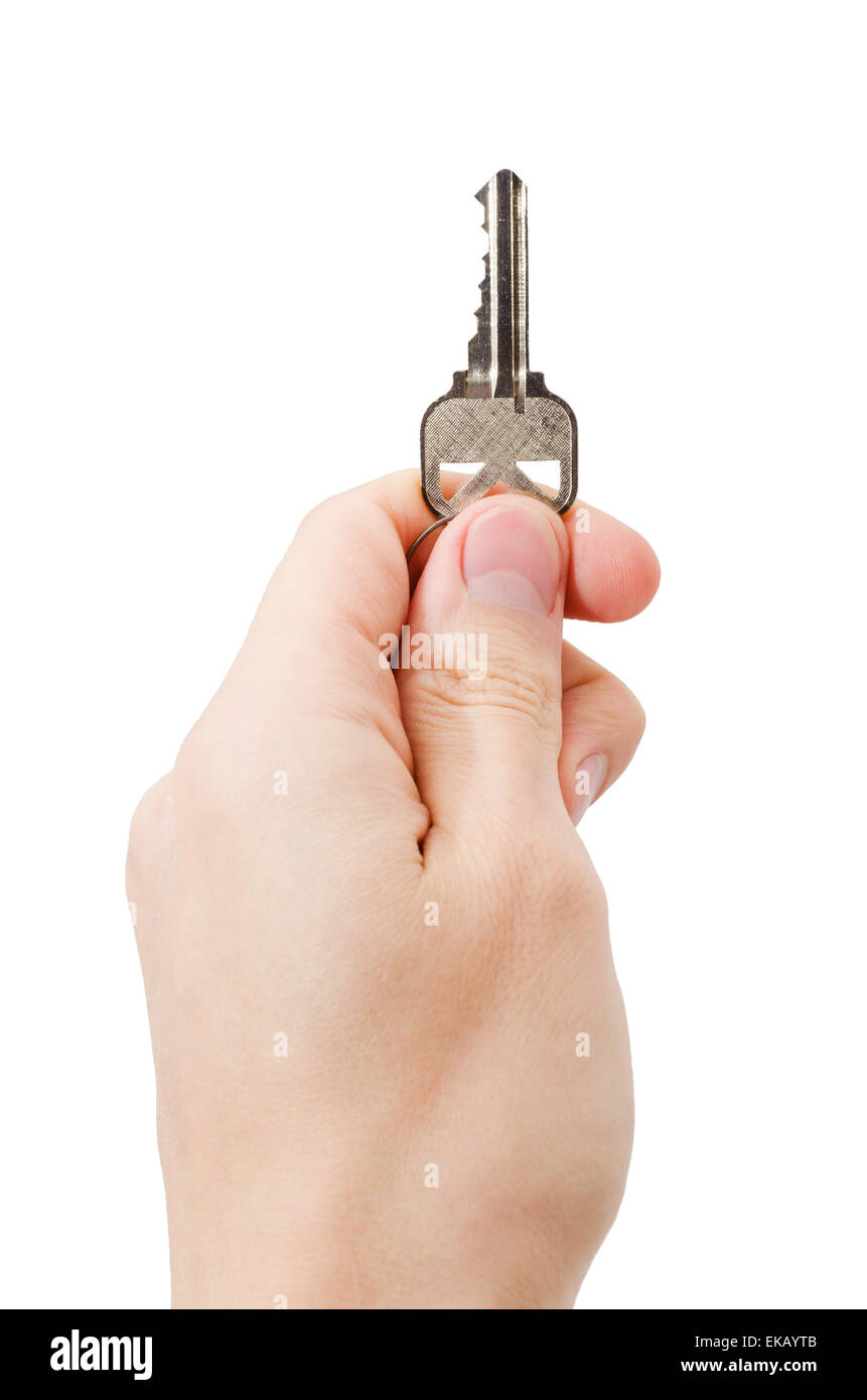 Hand holding a key. Isolated on white background Stock Photo - Alamy