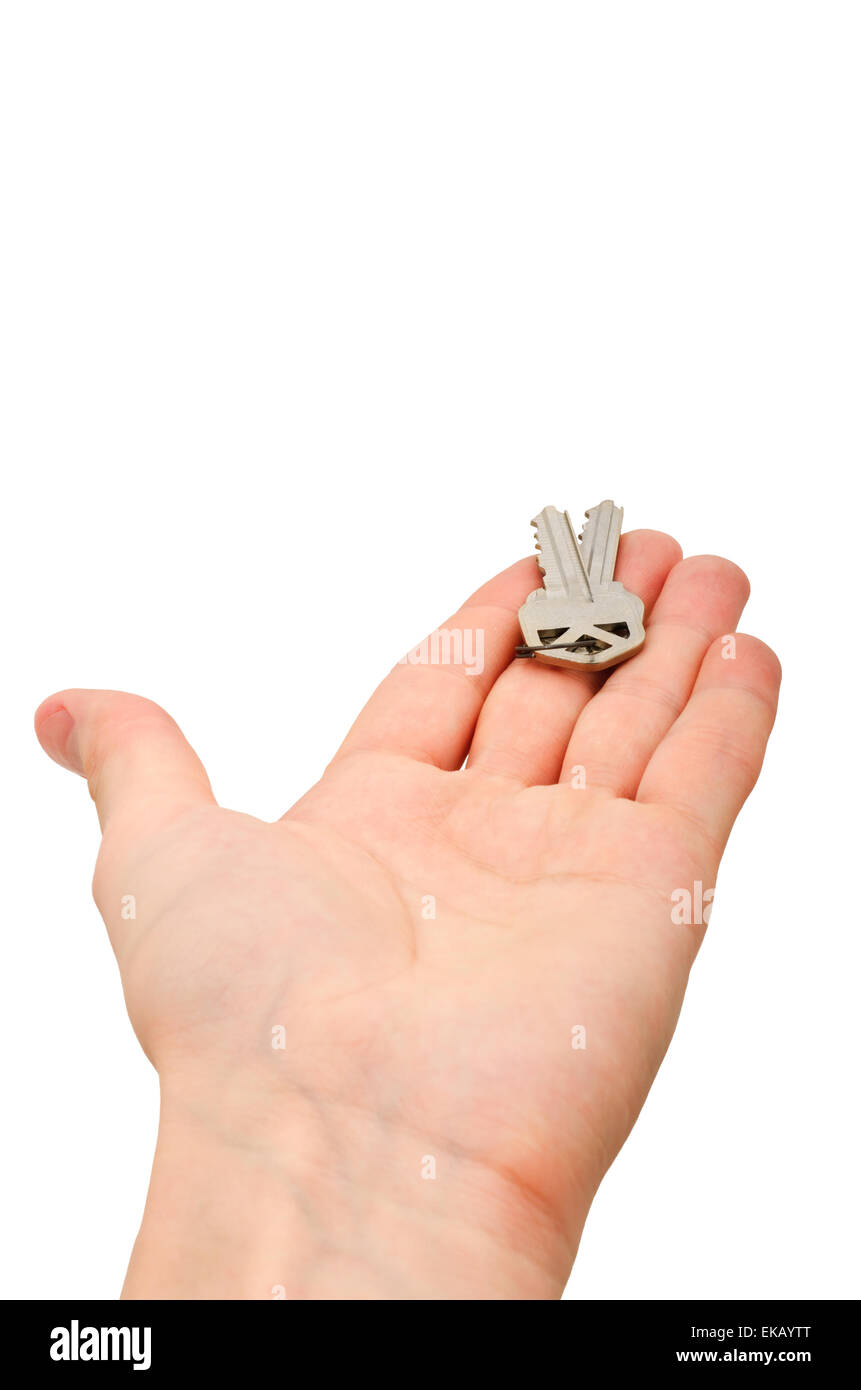 Two keys on male palm. Isolated on white background Stock Photo - Alamy