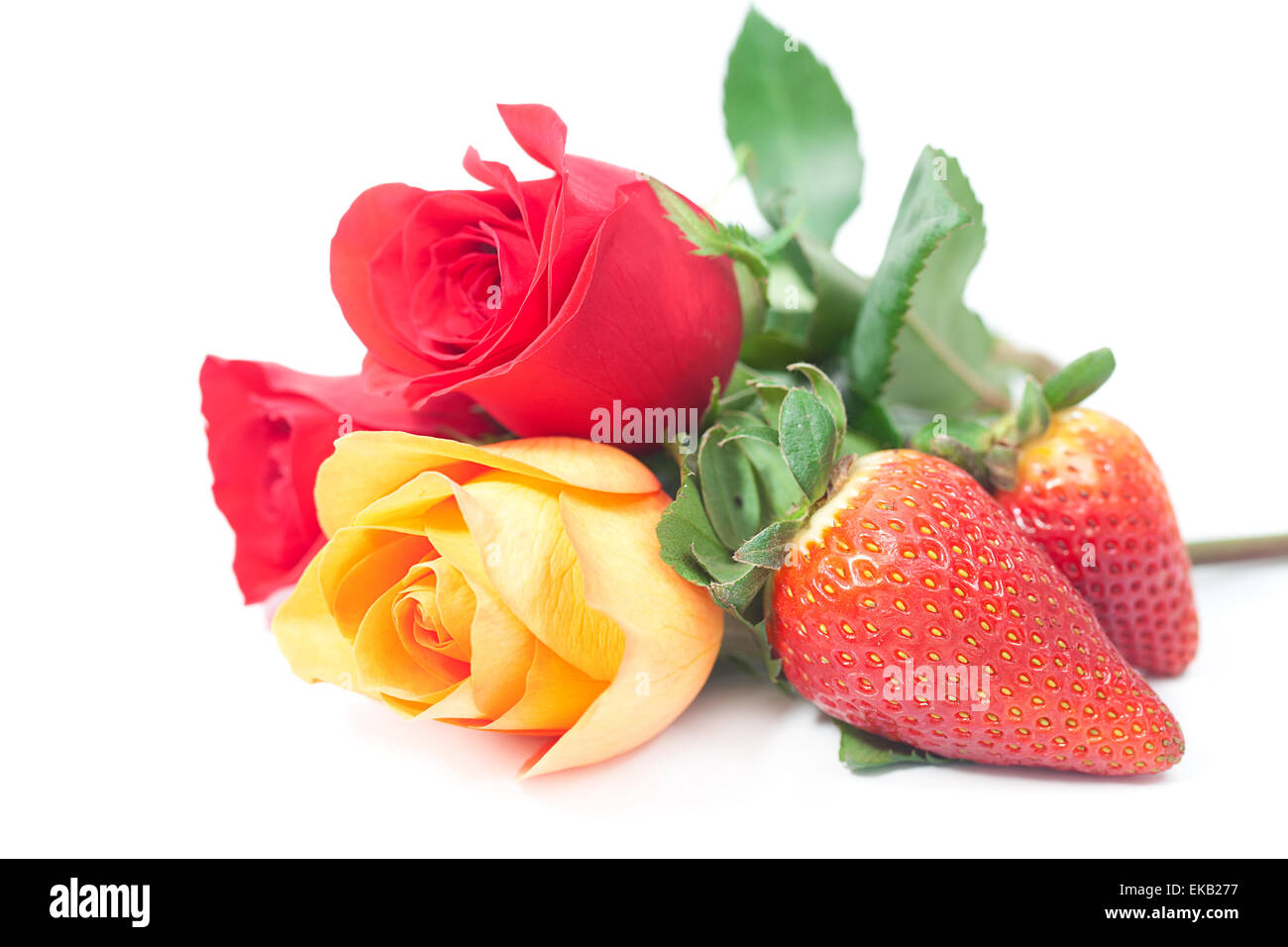 bouquet of colorful roses and strawberry isolated on white Stock Photo ...