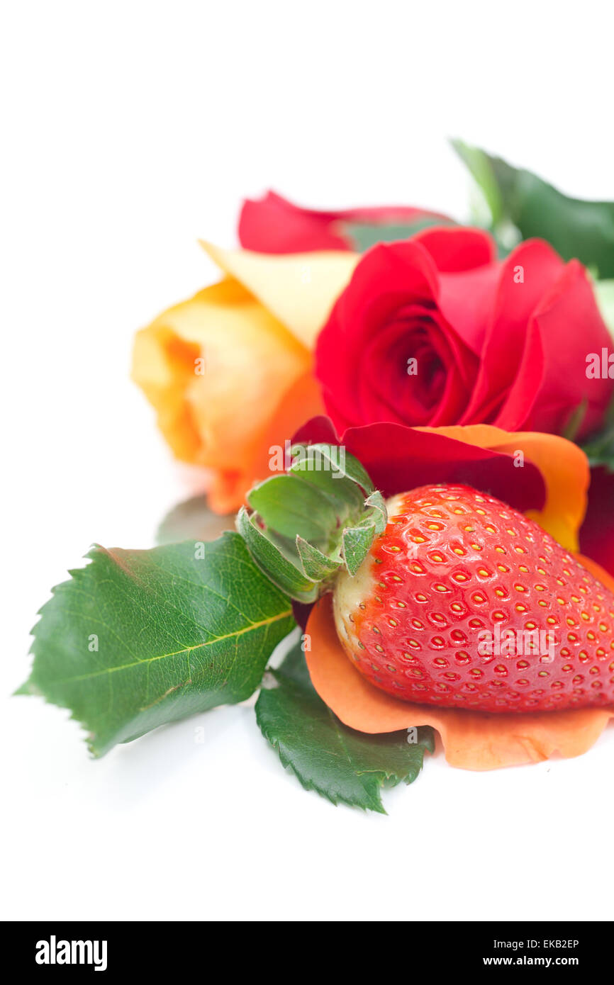 bouquet of colorful roses and strawberry isolated on white Stock Photo ...