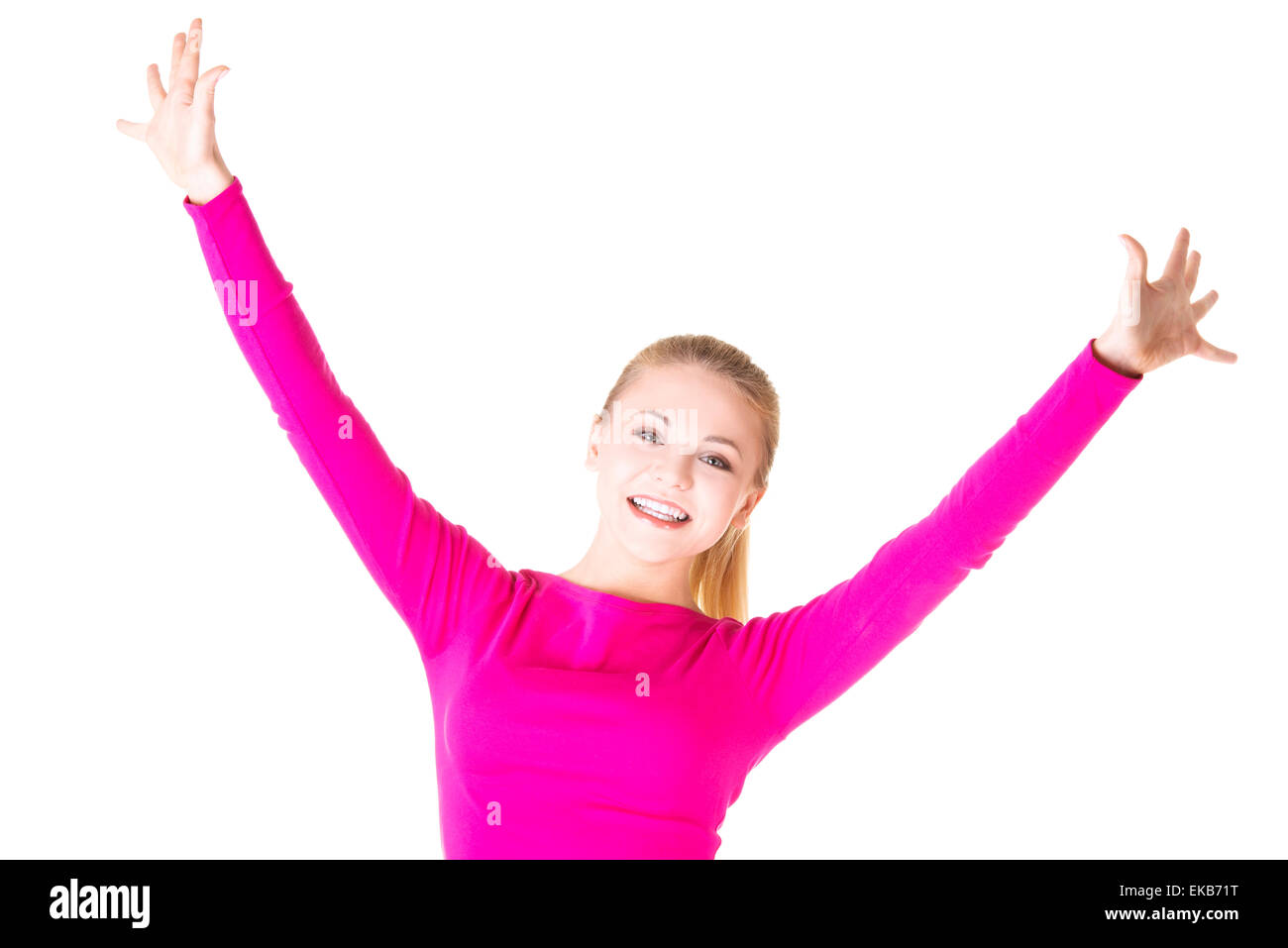 Excited happy woman with hands up Stock Photo - Alamy
