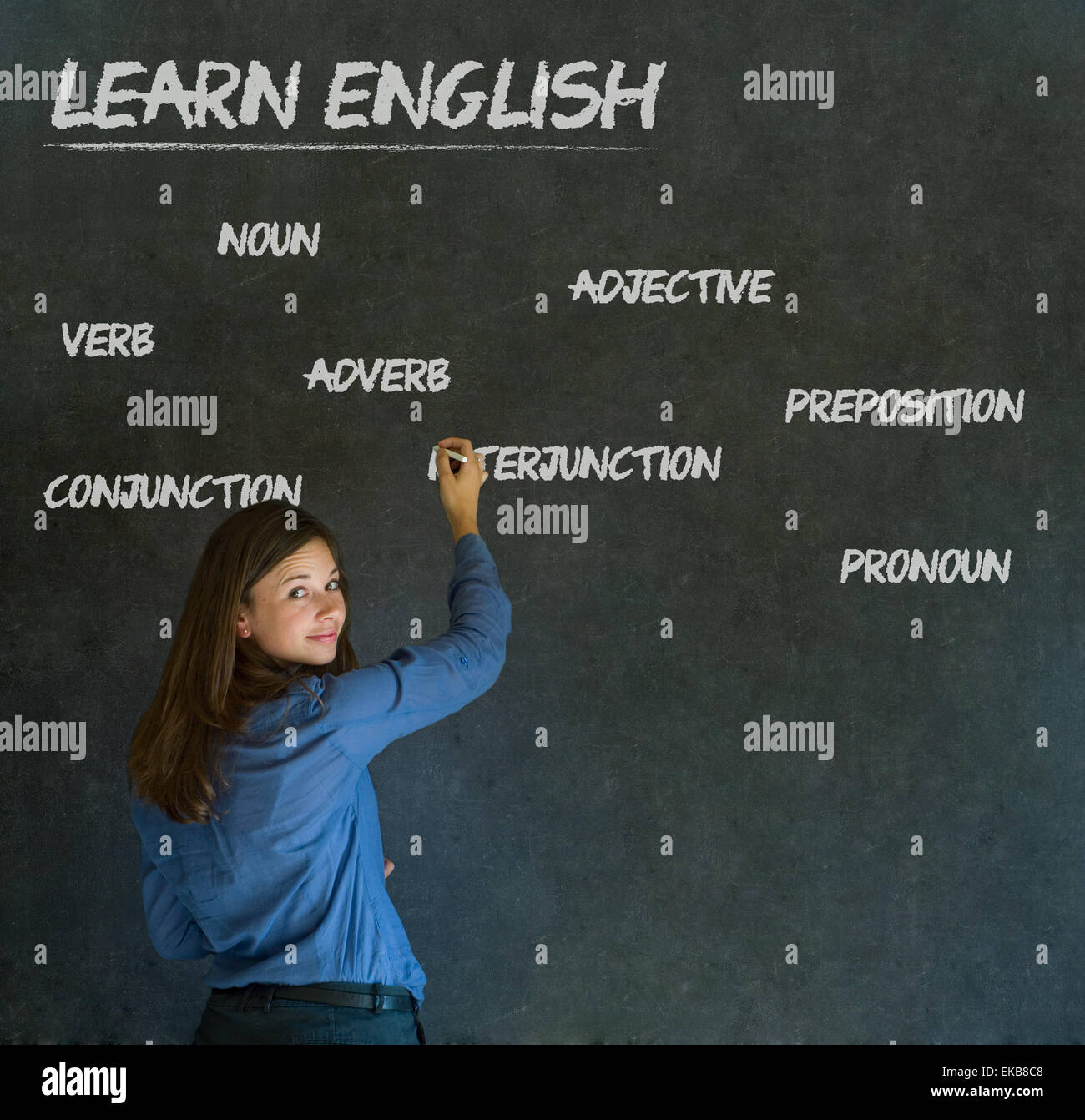 Learn English teacher with chalk background Stock Photo - Alamy