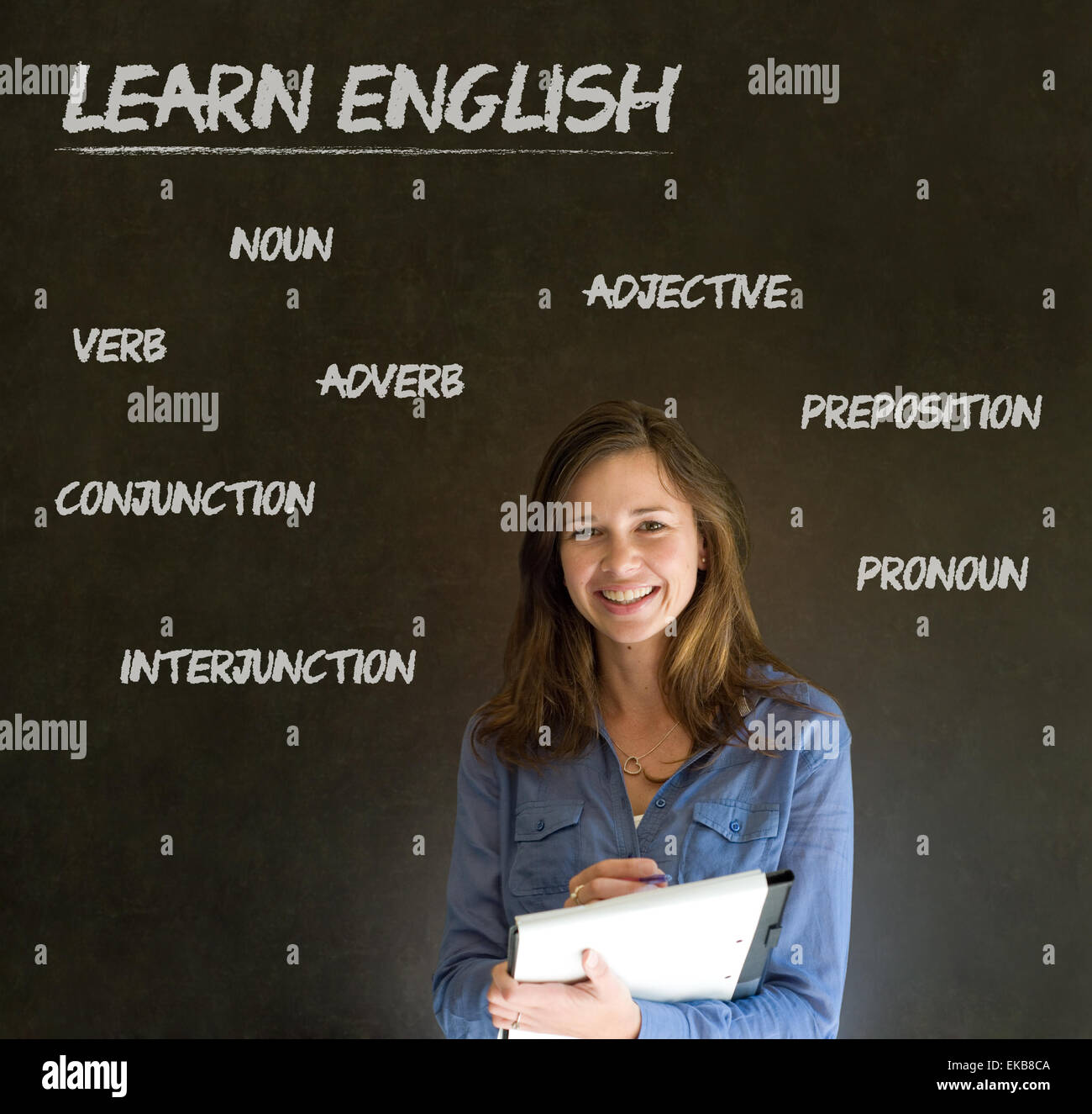 Learn English teacher with chalk background Stock Photo - Alamy