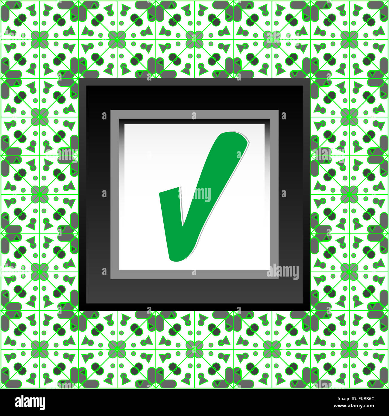 Tick symbol on green folded sticker background design Stock Photo - Alamy