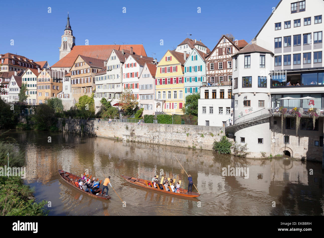 Punt on Neckar River, old town of Tuebingen, Stiftskirche Church, Baden ...