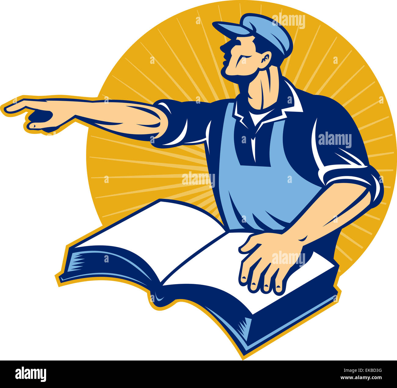 worker tradesman man read book pointing Stock Photo - Alamy