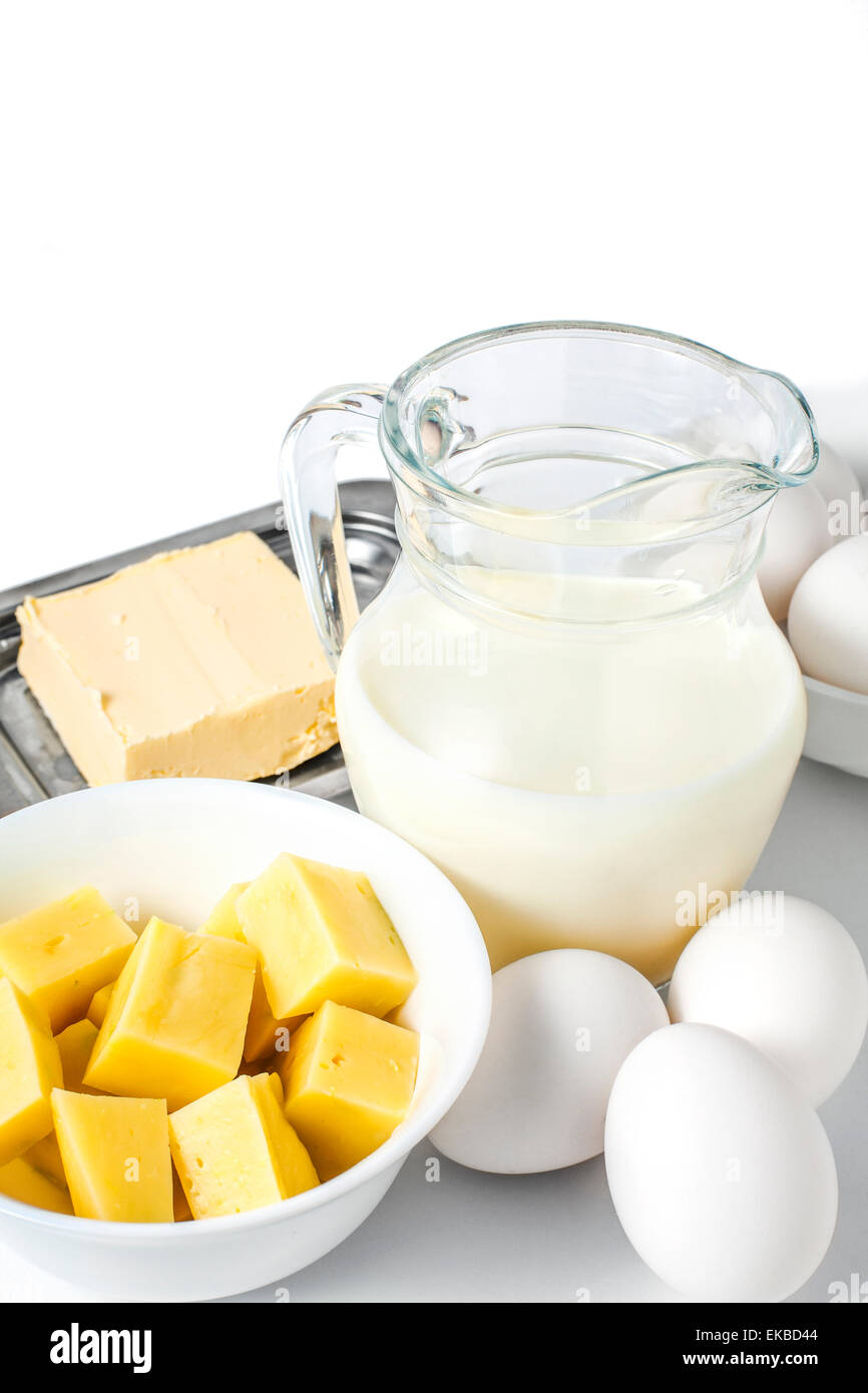 Fresh dairy products on white background Stock Photo - Alamy