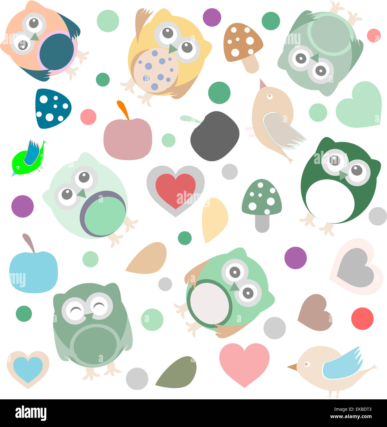 Bright background with owls, leafs, mushrooms and flowers Stock Photo ...