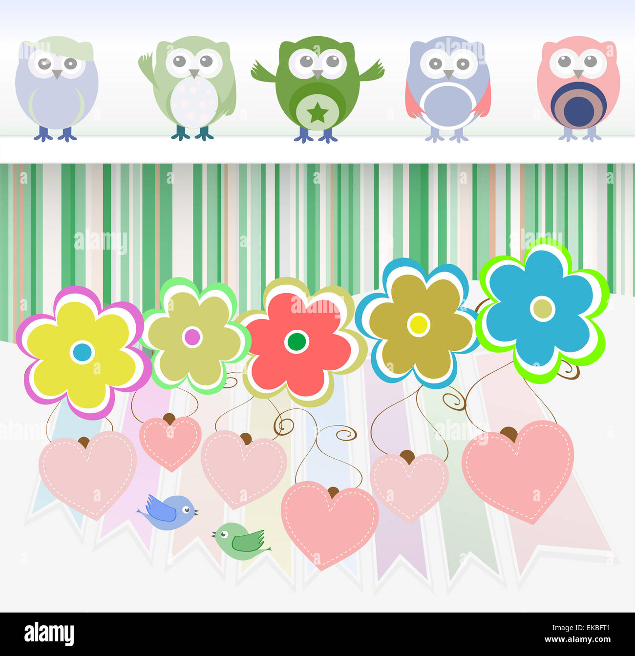 sweet owls, flowers, love hearts and cute birds Stock Photo - Alamy