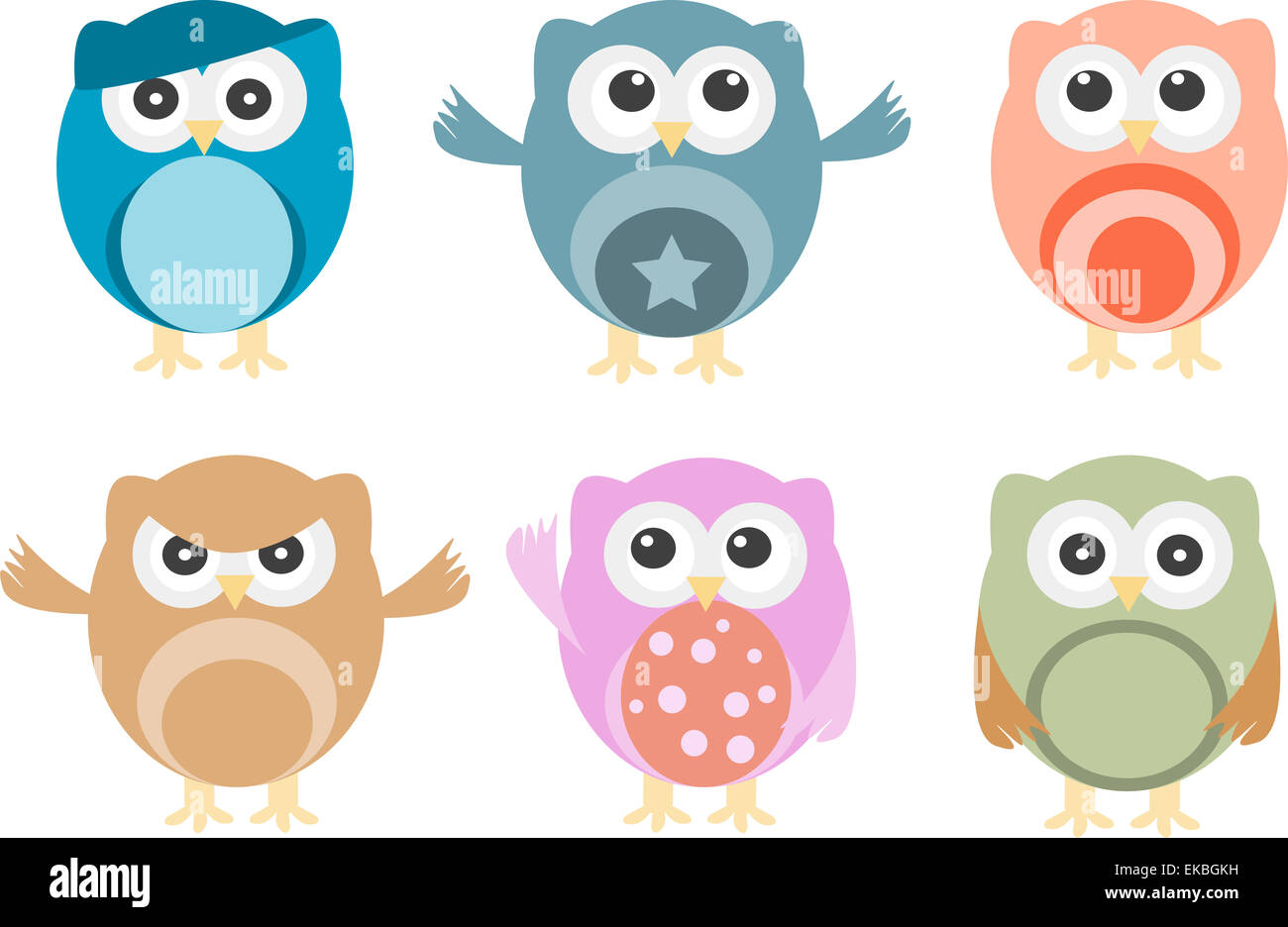 Set of six cartoon owls with various emotions Stock Photo - Alamy