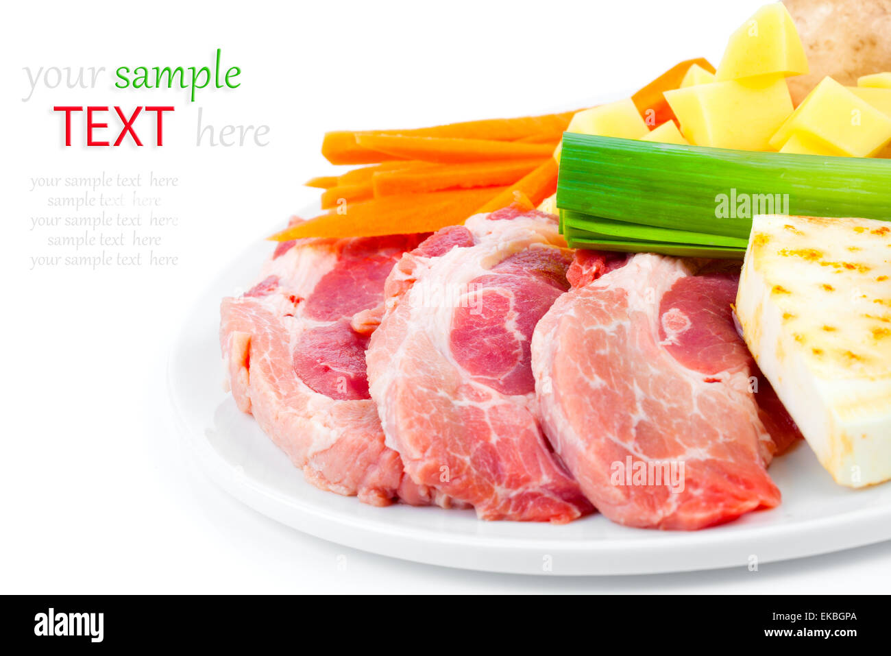 raw meat with fresh vegetables isolated on white background Stock Photo ...