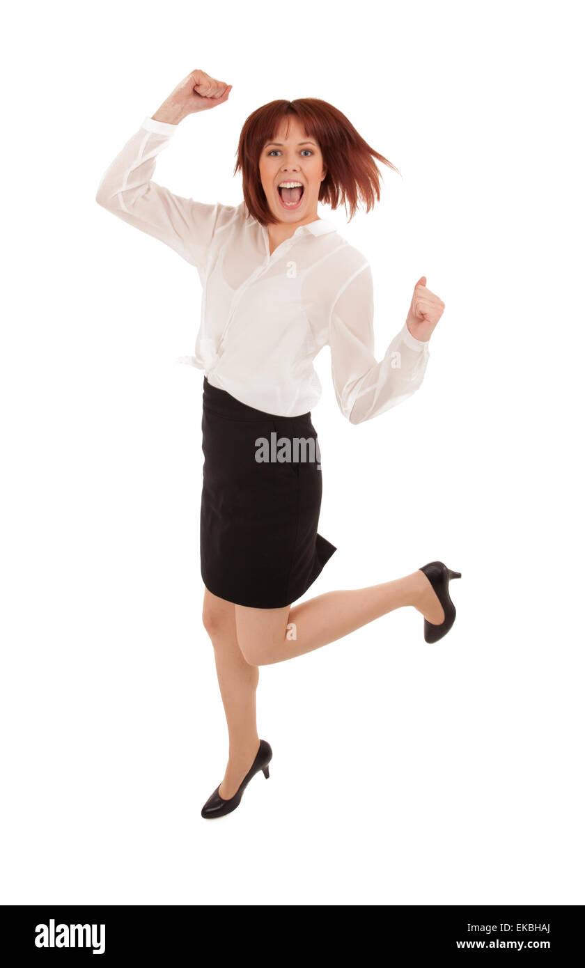 Excited woman leaping for joy Stock Photo - Alamy