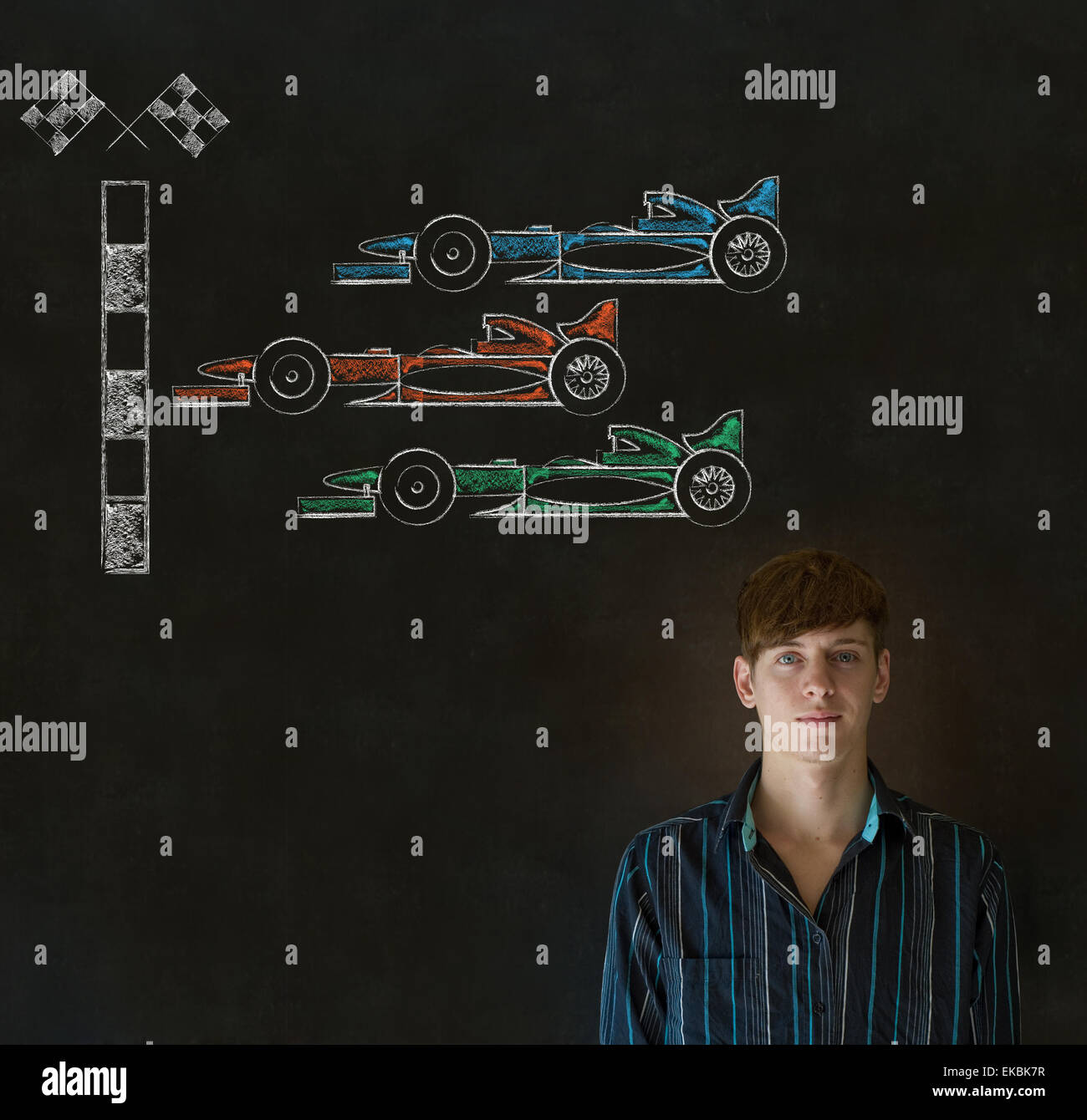 Business man, student or teacher Formula 1 racing car fan on blackboard ...