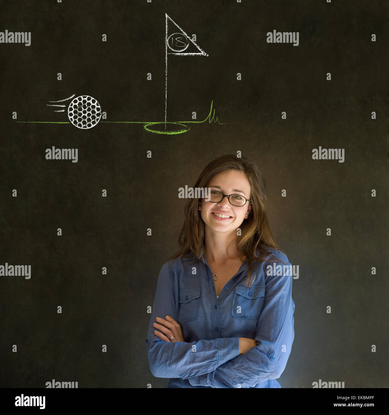 Woman thinking of golf blackboard background Stock Photo - Alamy
