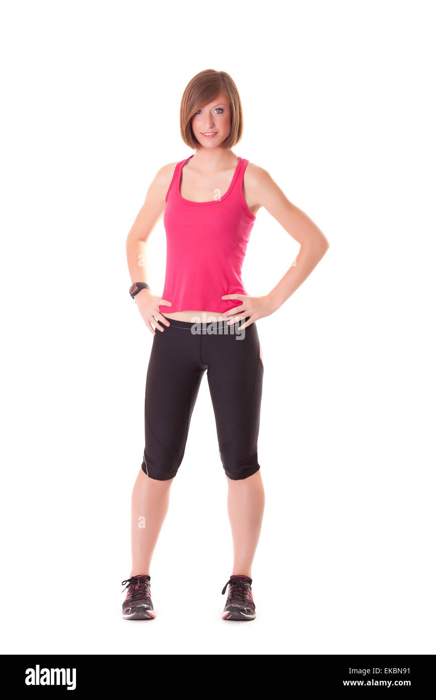 young beautiful sport woman standing isolated on white Stock Photo - Alamy