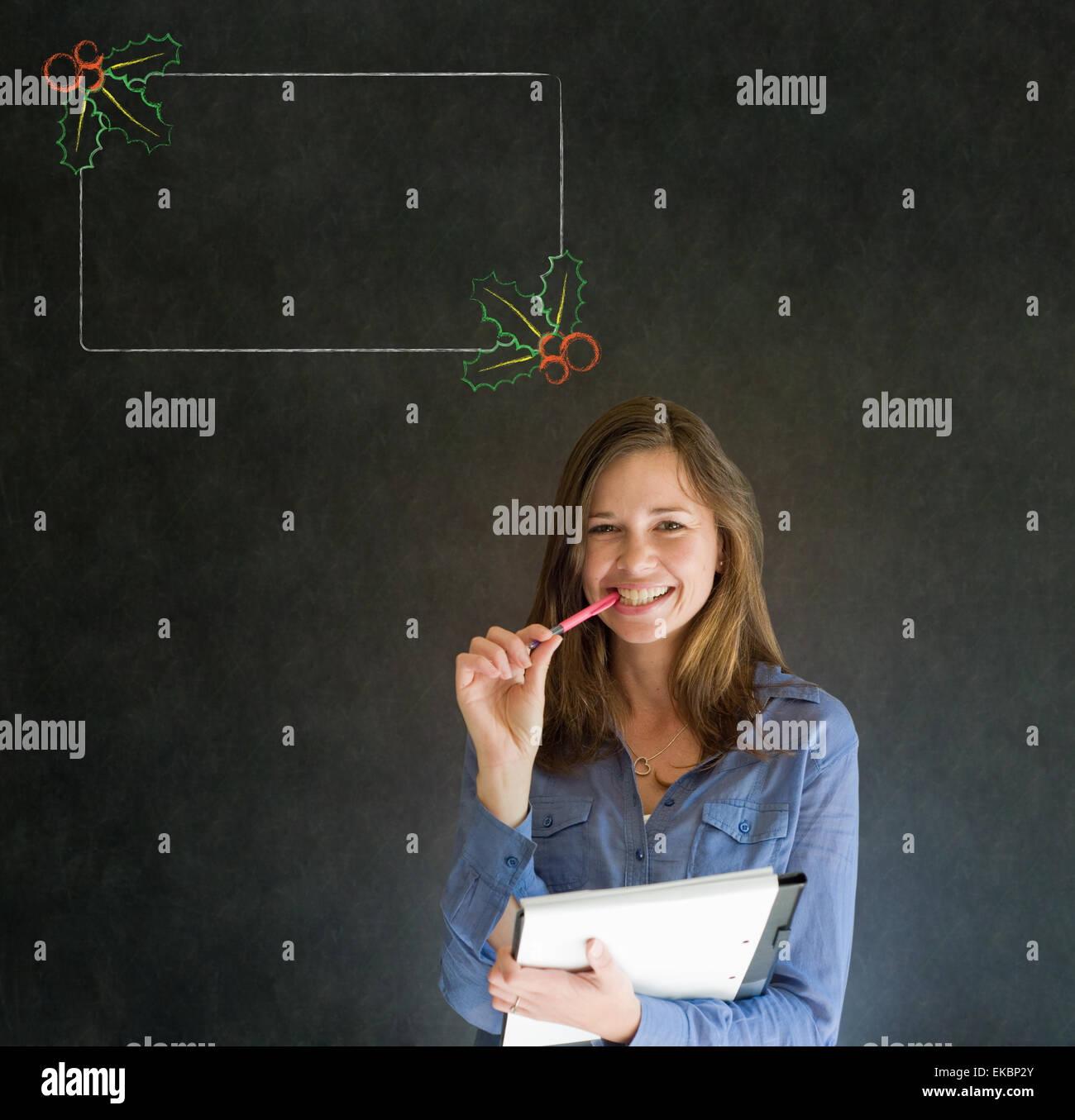 Woman, student or teacher with Christmas holly menu to do checklist ...