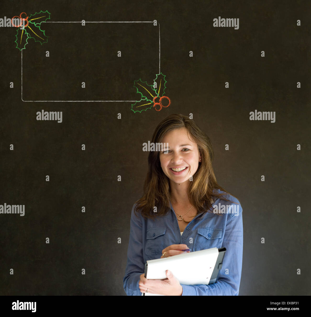 Woman, student or teacher with Christmas holly menu to do checklist ...
