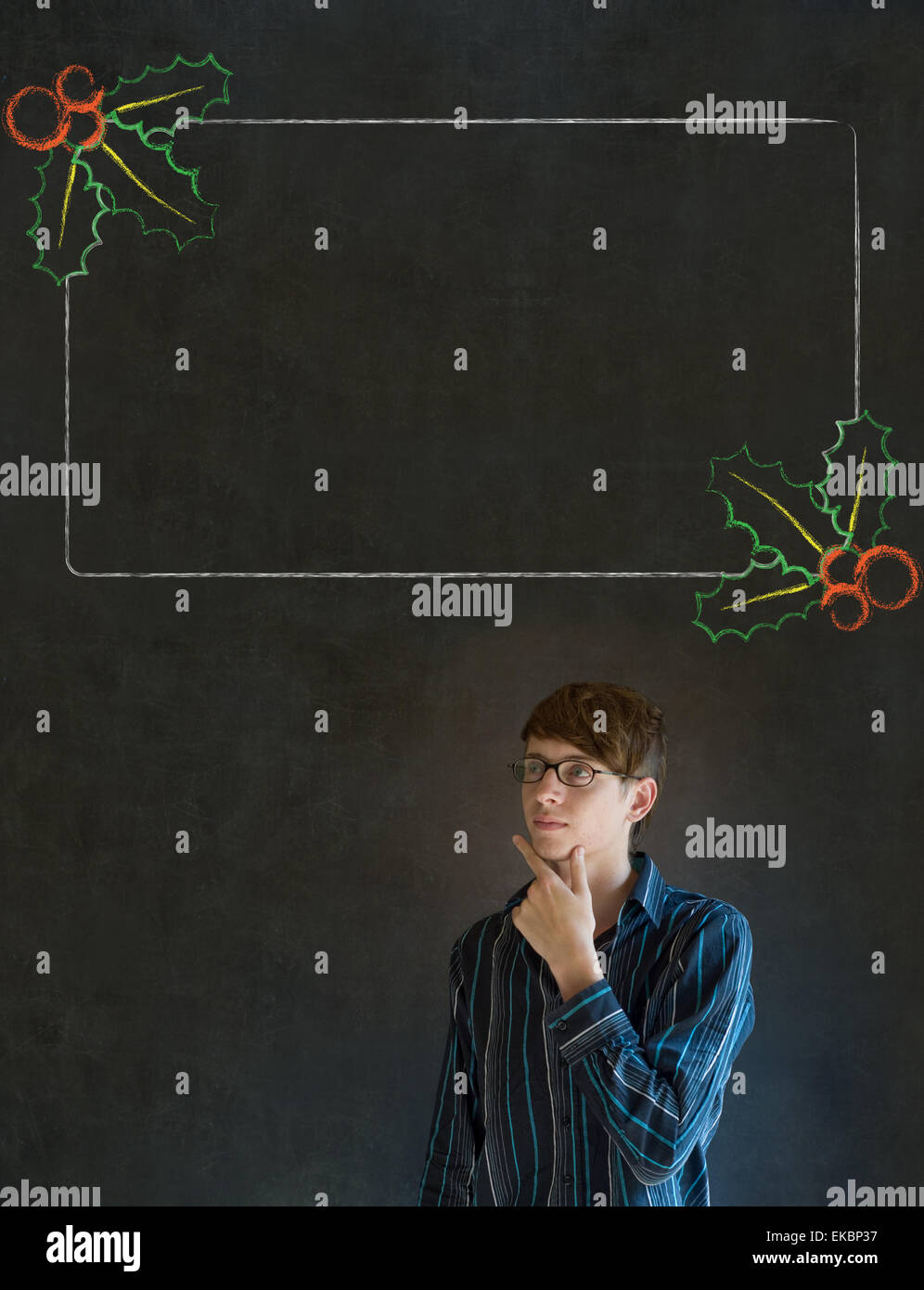 Man, student or teacher with Christmas holly menu to do checklist Stock ...