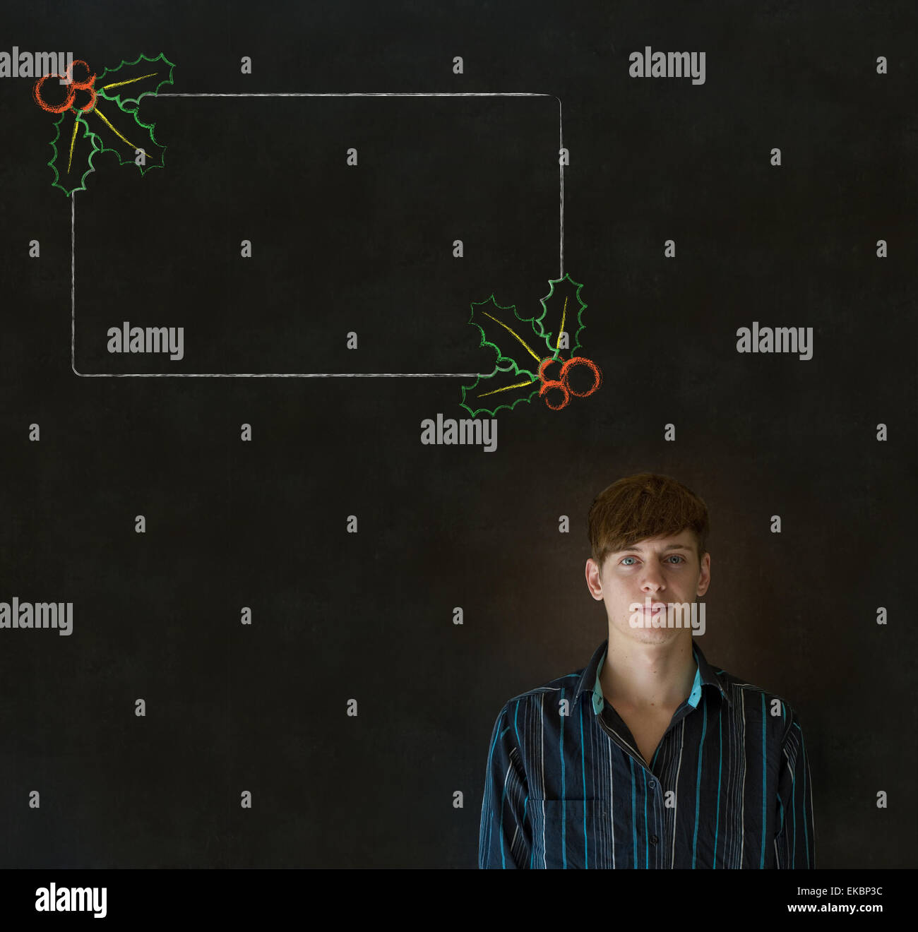 Man, student or teacher with Christmas holly menu to do checklist Stock ...