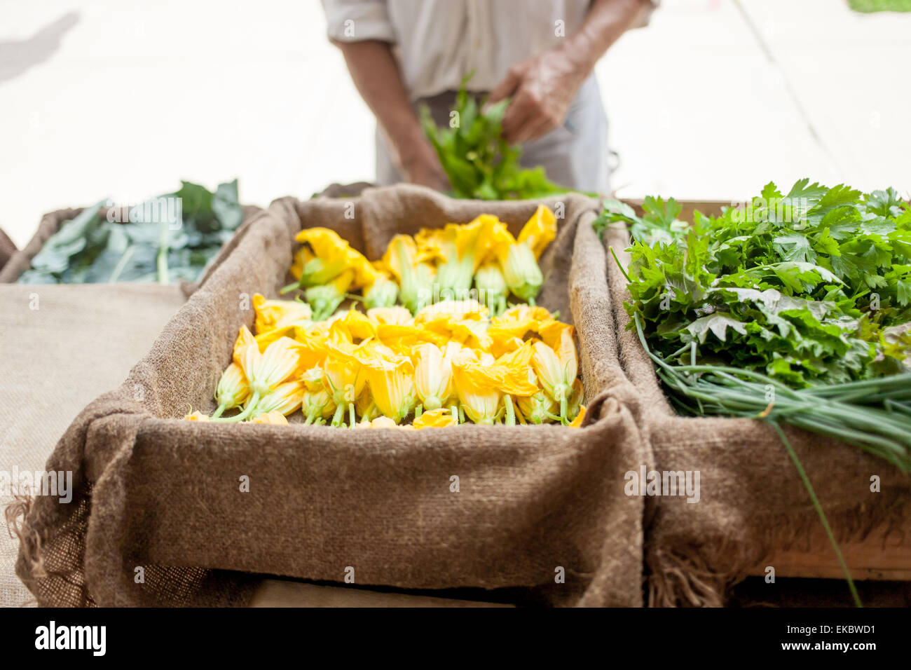 Farmer selling organic vegetables on stall Stock Photo - Alamy