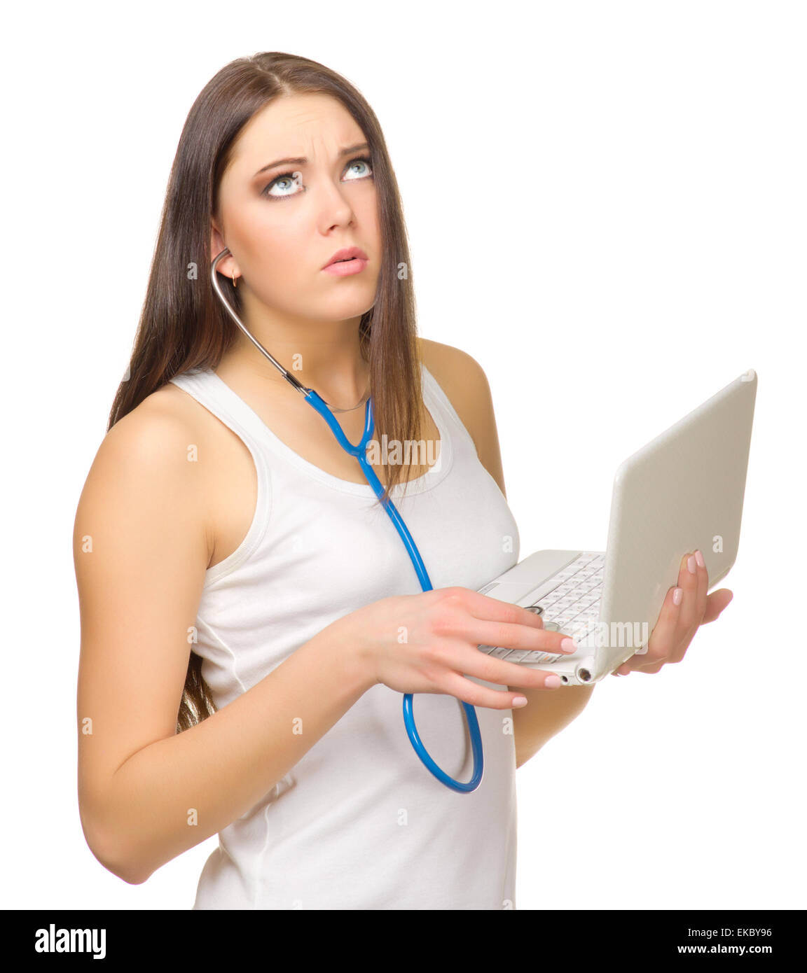 Young girl listen laptop by stethoscope Stock Photo - Alamy