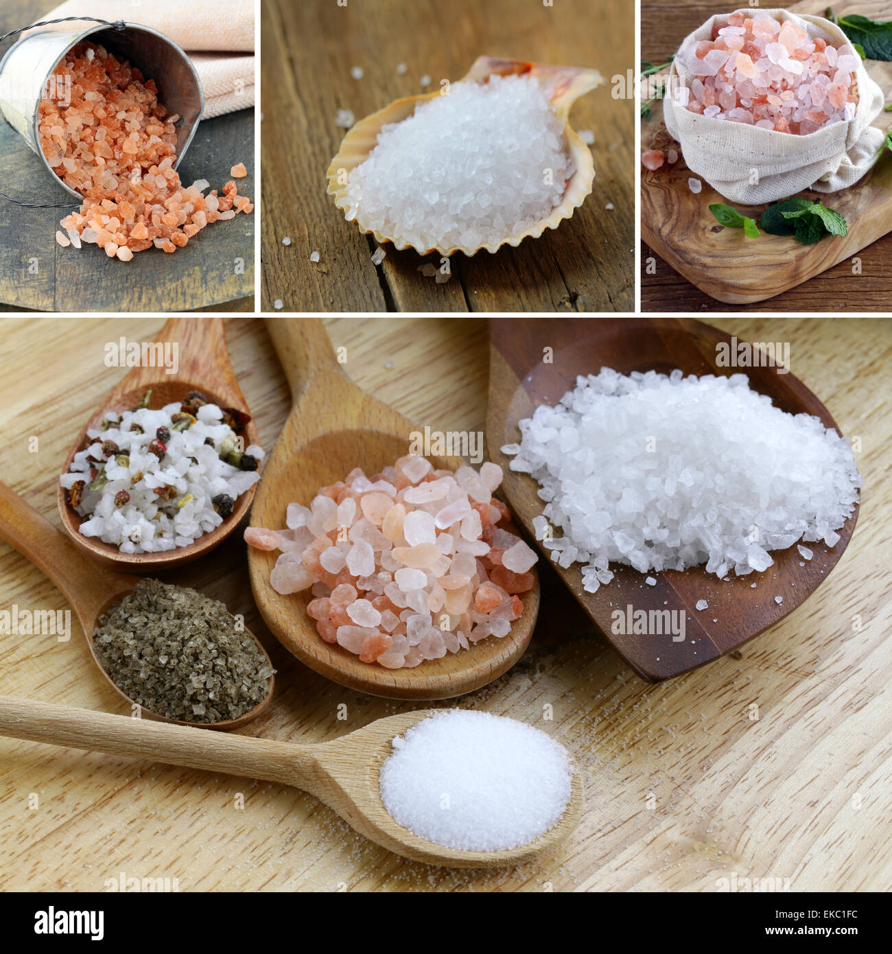 collage assortment variety salt (sea, pink Hawaiian, black Stock Photo ...
