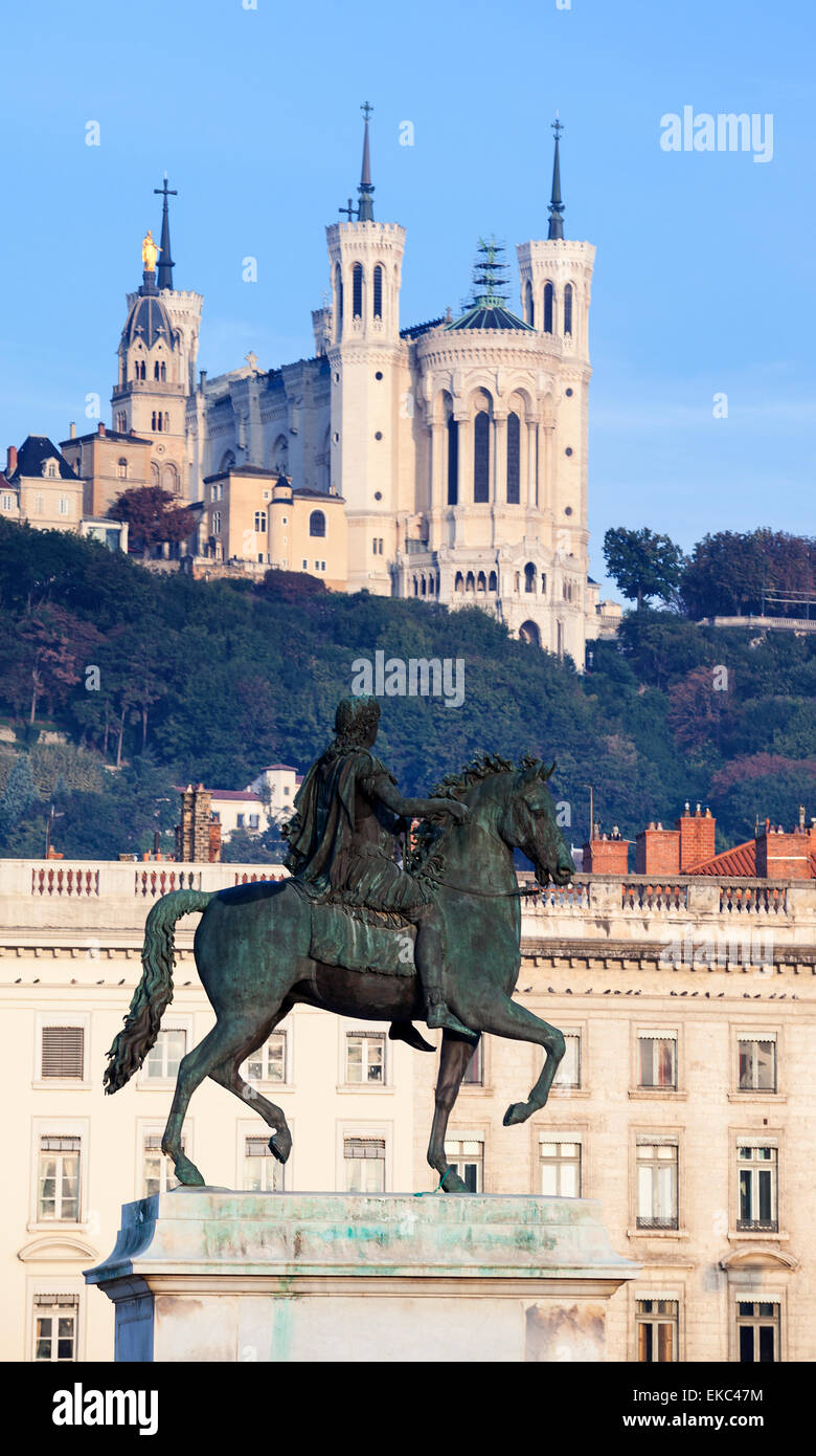 statue and Fourviere basilic in Lyon Stock Photo - Alamy