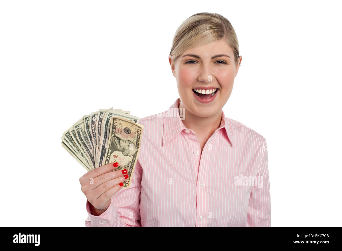 Excited girl holding currency notes fan Stock Photo - Alamy
