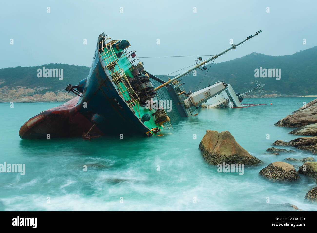 Shipwrecks in the sea with sunset background blue color tone Stock ...