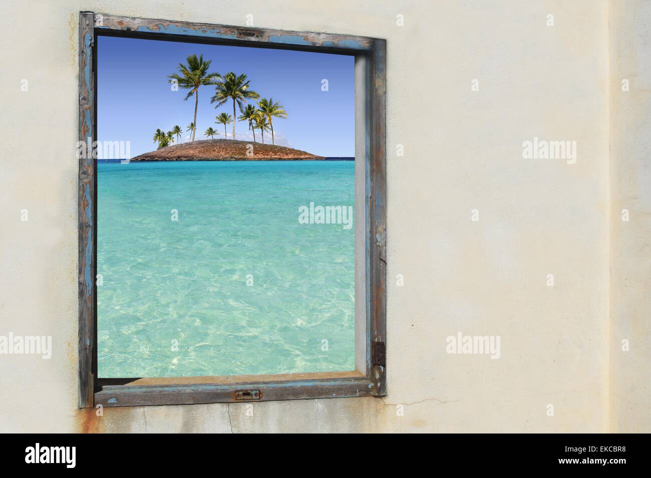 tropical palm trees paradise islands window Stock Photo - Alamy