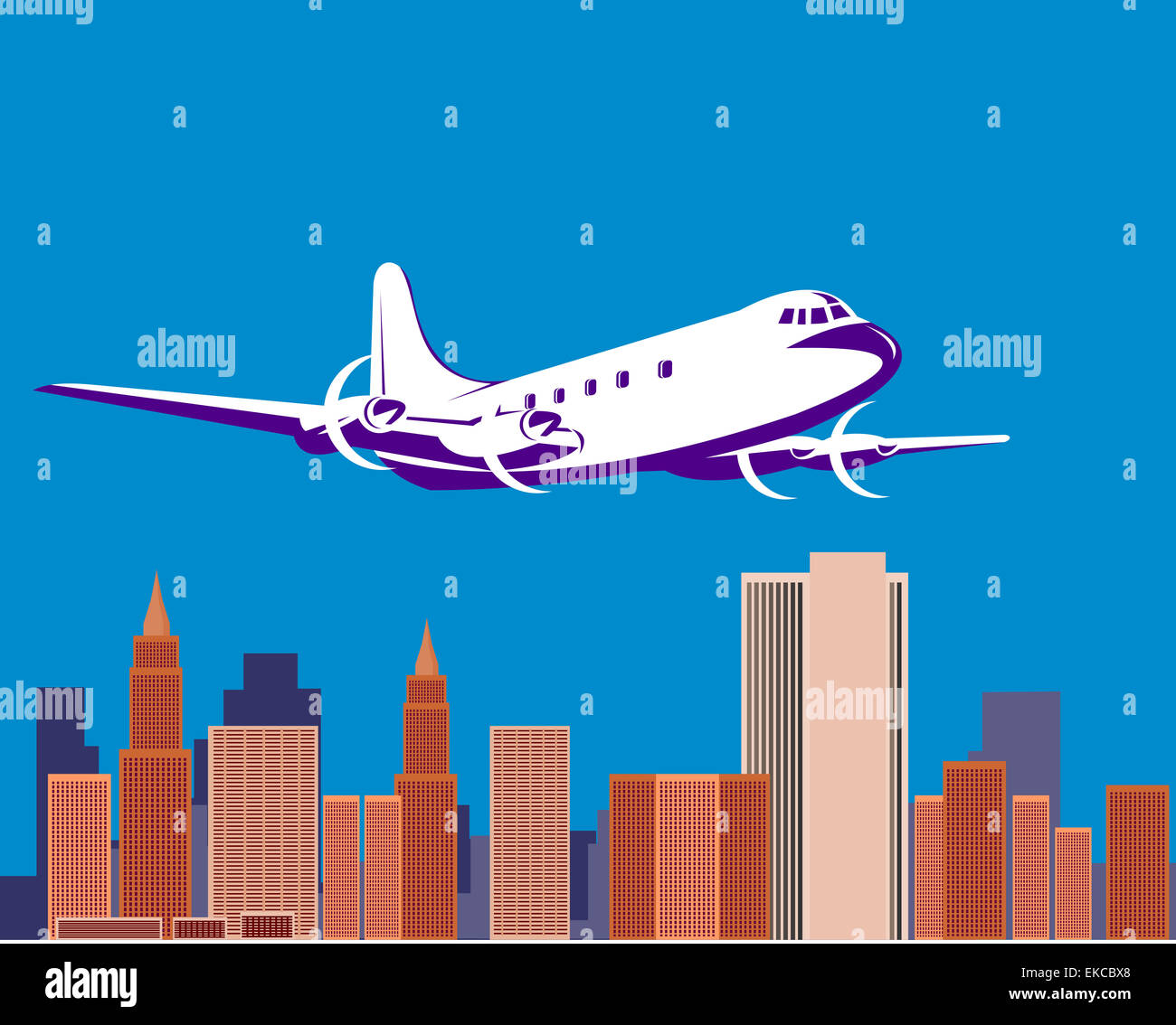 propeller airplane taking off with buildings Stock Photo - Alamy