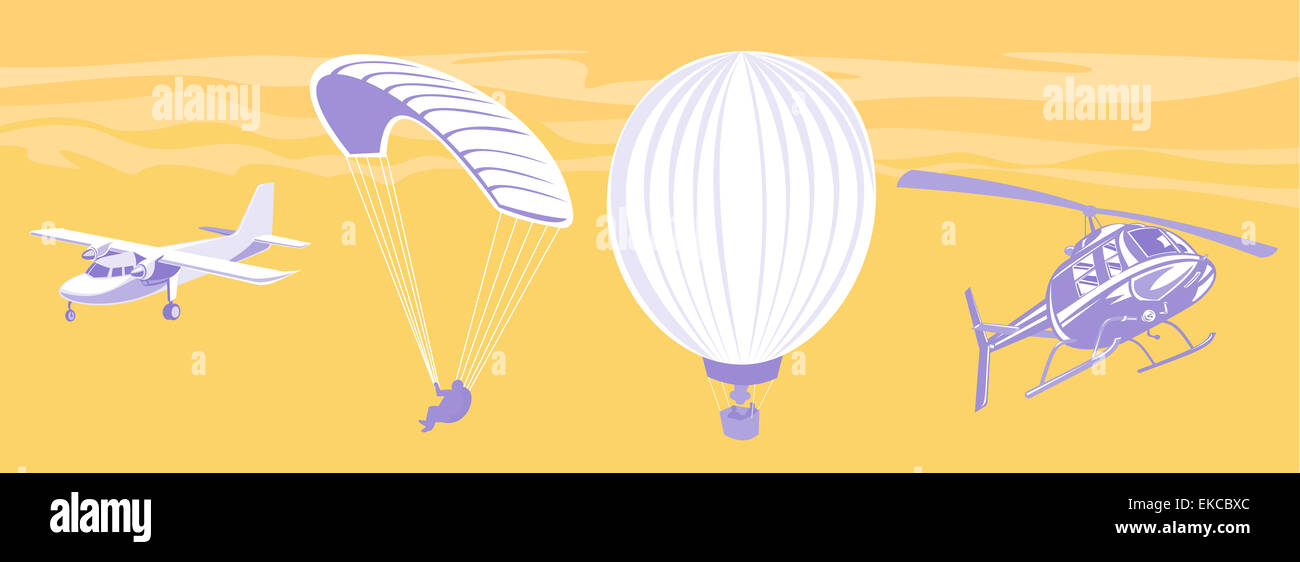 airplane parachute hot air balloon helicopter Stock Photo - Alamy