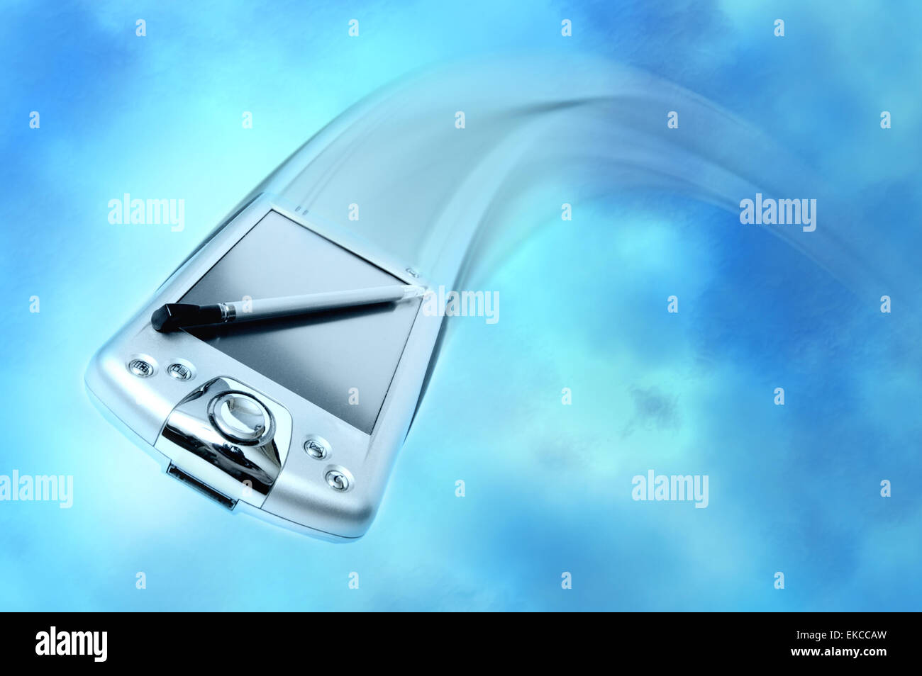 Flying PDA on blue background Stock Photo - Alamy