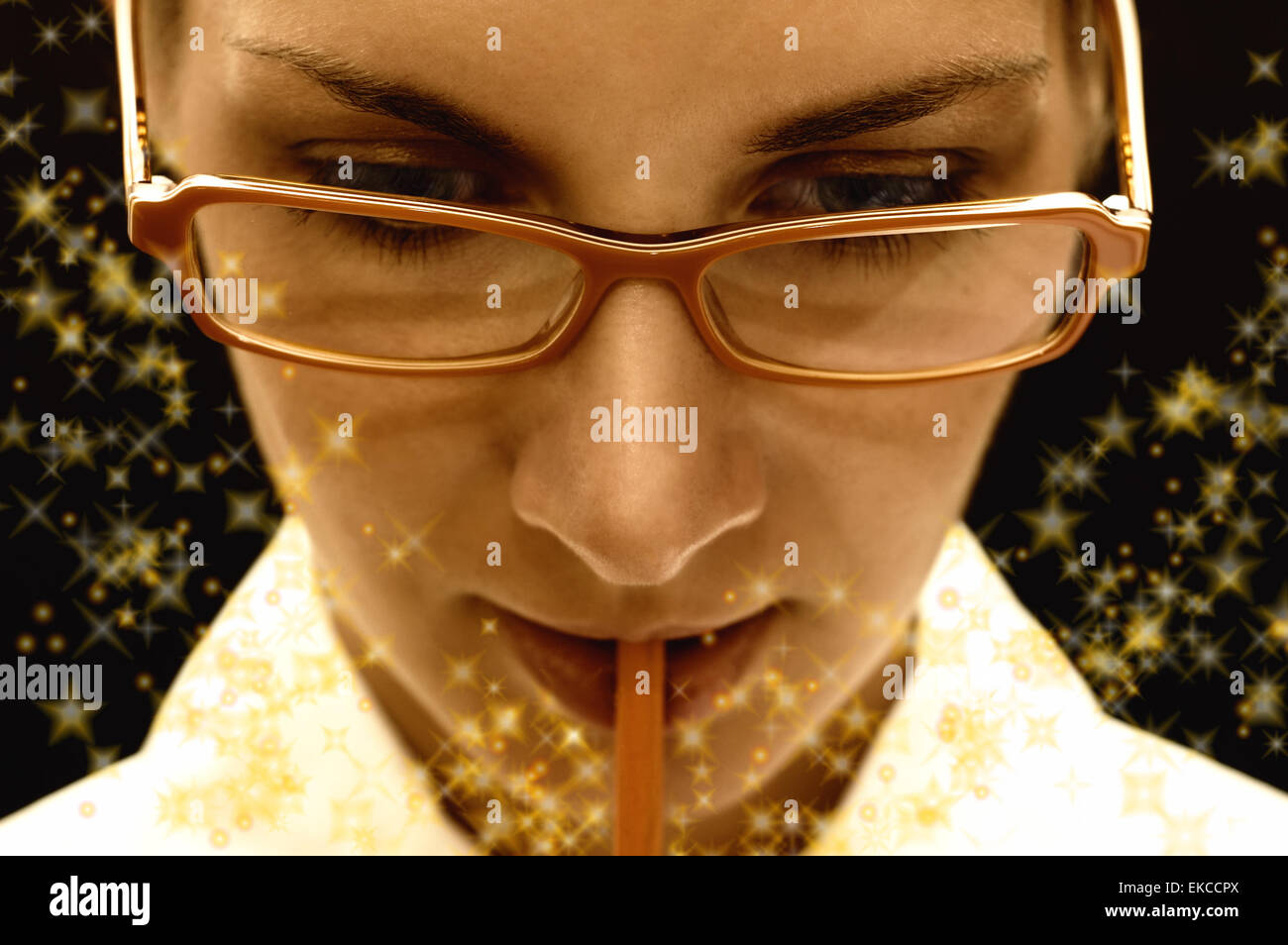 Student girl with a magic stars around her face Stock Photo - Alamy