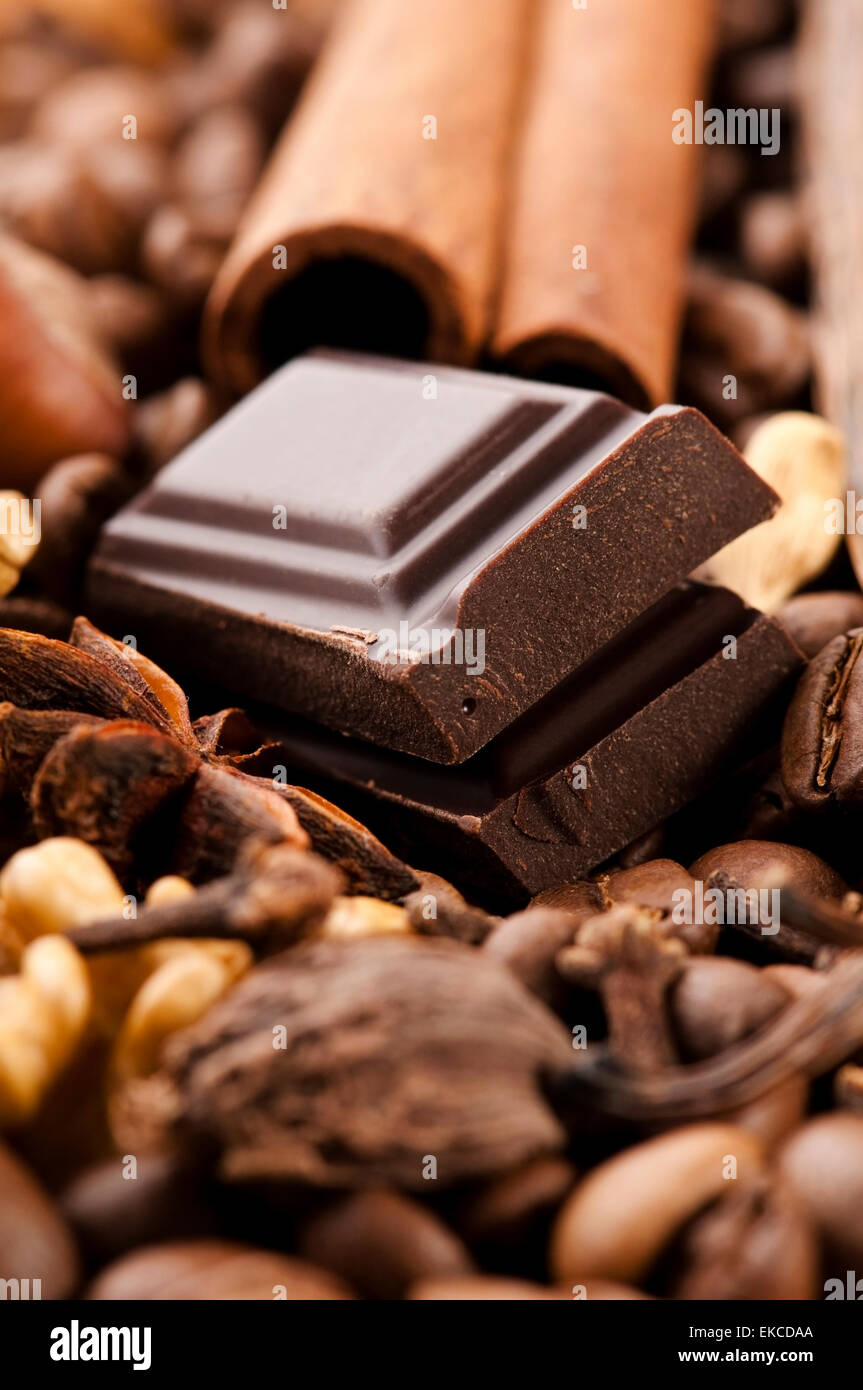 chocolate with coffee beans, spices and nuts Stock Photo - Alamy