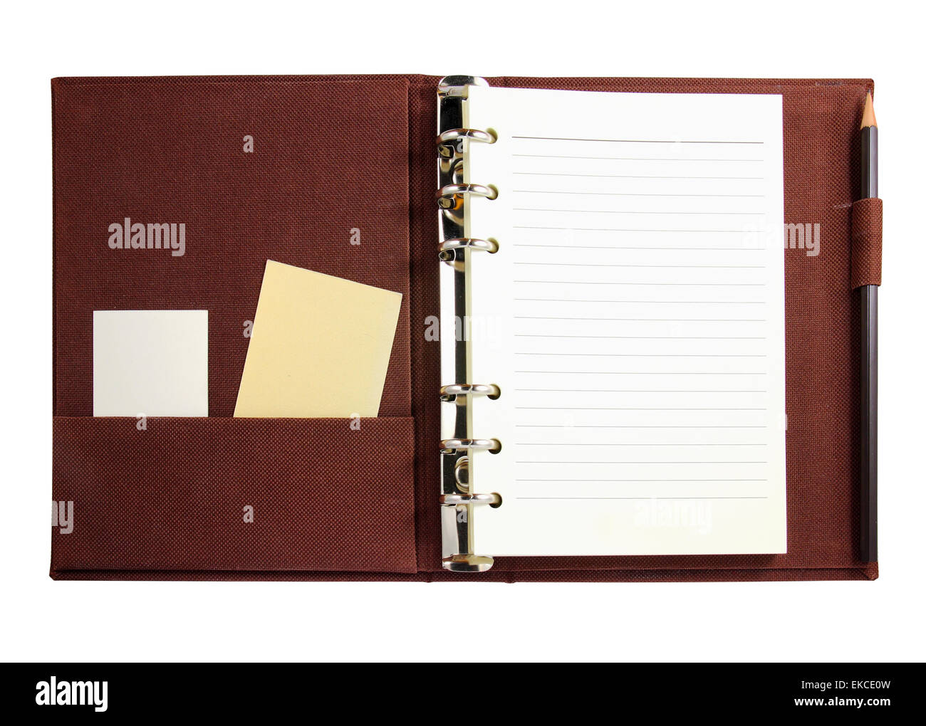 Brown canvas binder notebook with blank card and pencil isolated Stock ...