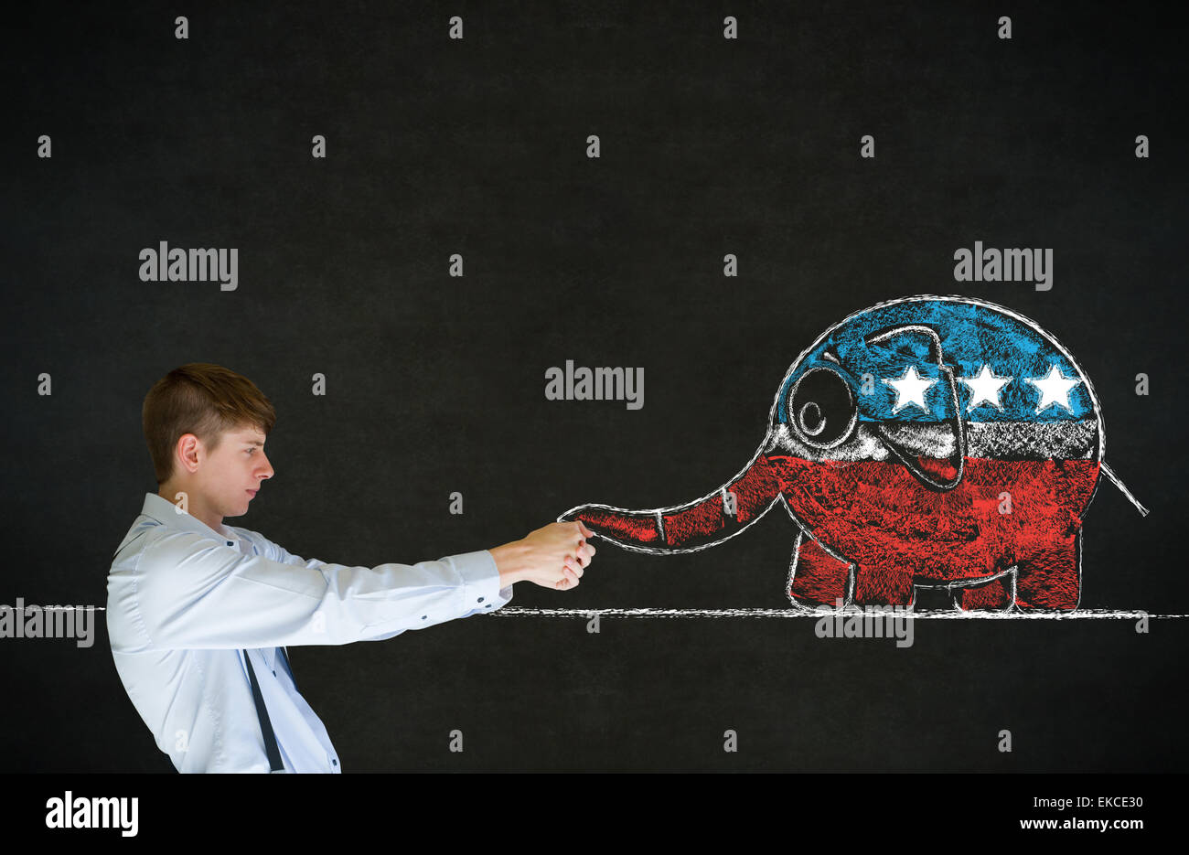 Man pulling republican democracy elephant on blackboard background ...