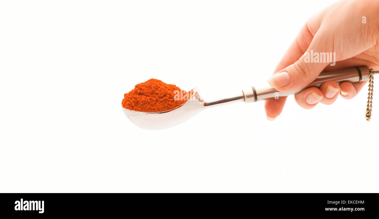 Hand holding a silver spoon with a spice Stock Photo - Alamy