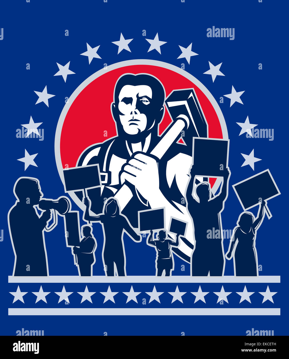 Worker with hammer protester protest placard sign Stock Photo - Alamy