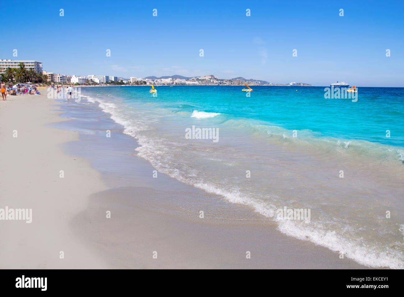 Ibiza Platja En bossa beach with palm trees Stock Photo - Alamy