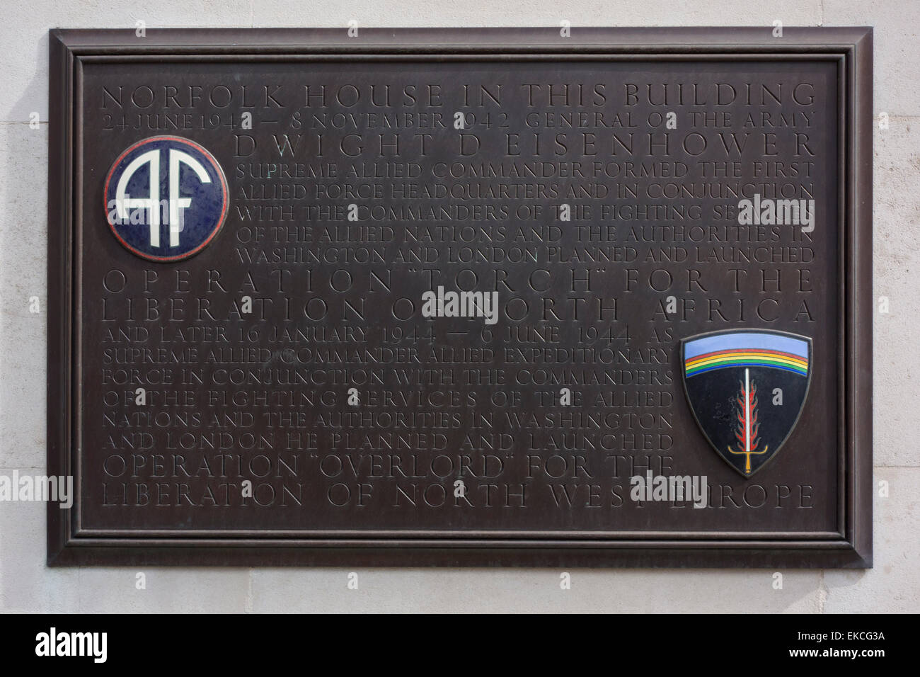 Plaque at Norfolk House, London, UK, commemorating two WW2 operations ...