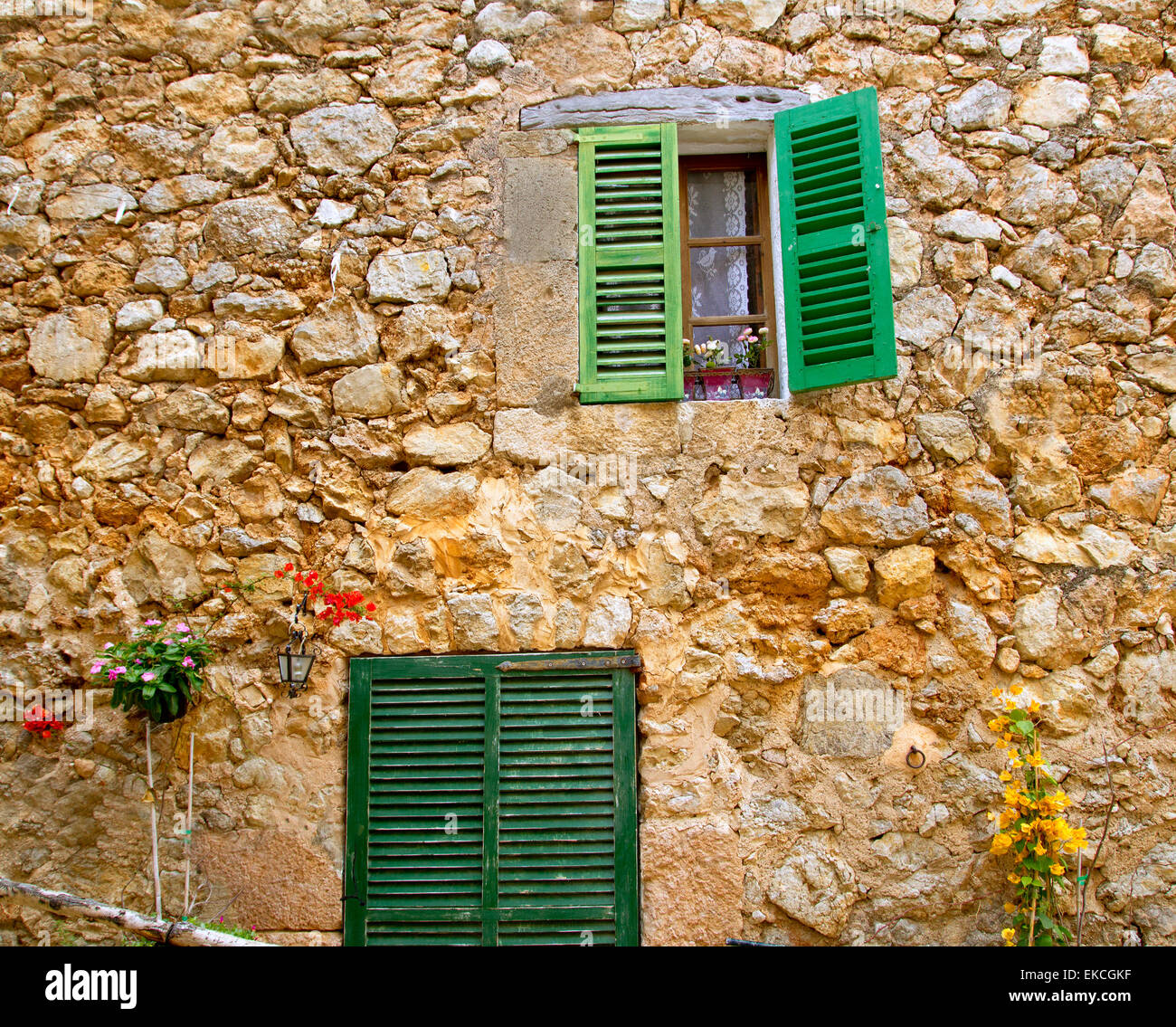 Majorca traditional wood windows mallorquina shutters Stock Photo - Alamy